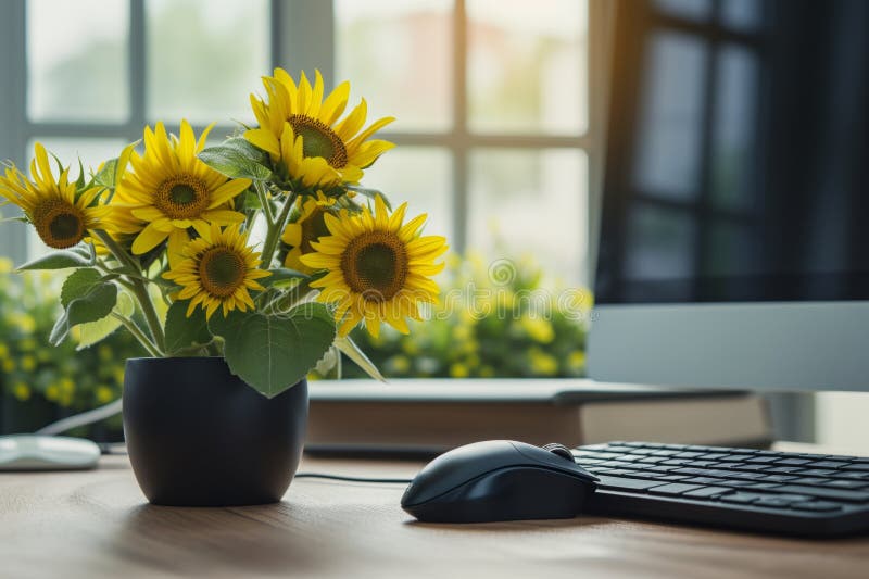 Sunflowers Rising from a Computer Mouse on a Desk Stock Photo - Image ...