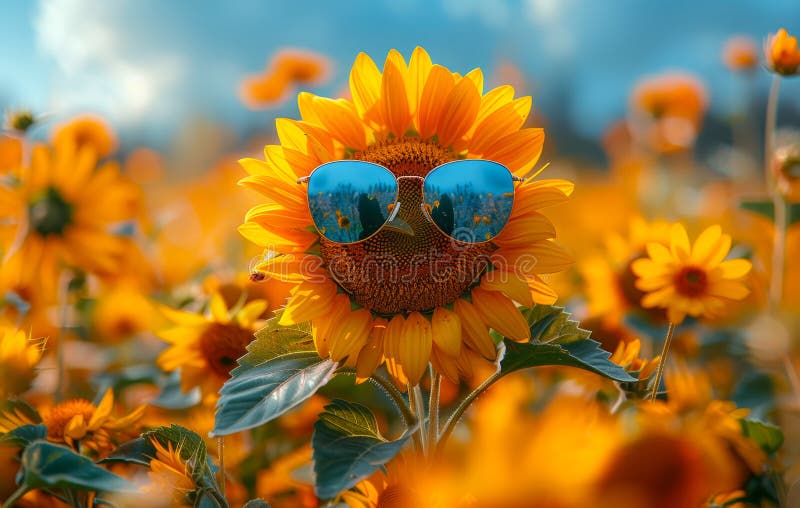 Sunflowers With Sunglasses In Field An Adorable Sunflower Wearing
