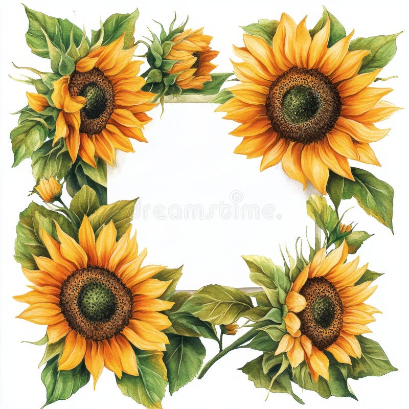Sunflowers Watercolor Frame Floral Border Design Stock Illustration ...