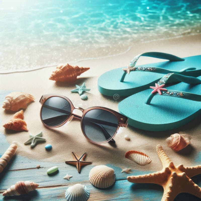 Sunglasses and Flip Flops on Summer Beach Background with Copy Space ...