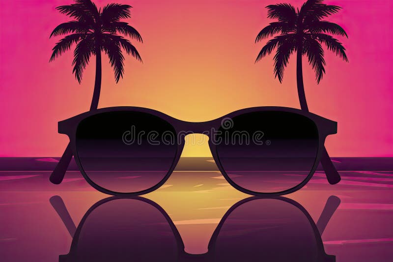 Sunglasses with Palms Reflection Vector Illustration Background. Pink ...