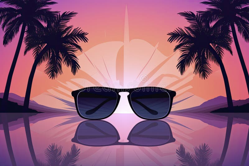 Sunglasses with Palms Reflection Vector Illustration Background. Pink ...