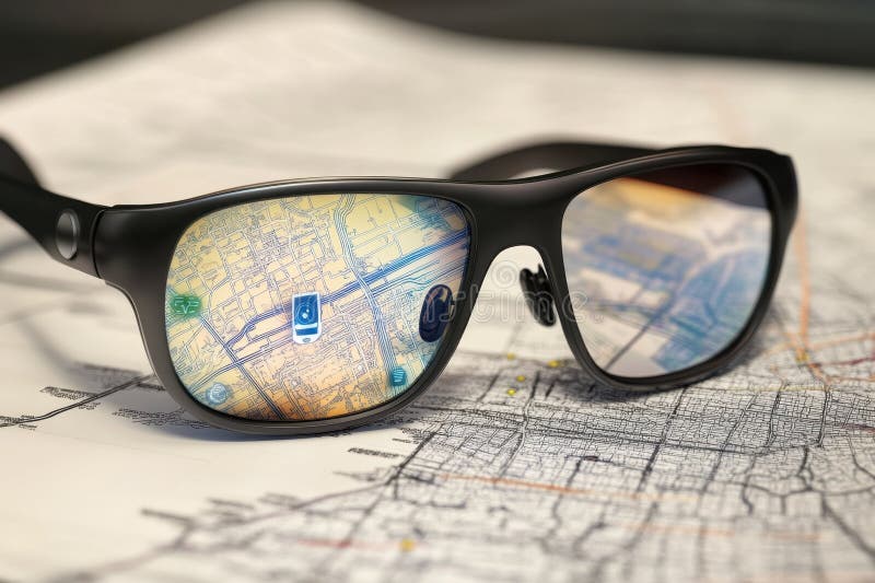 Sunglasses Reflecting a Map Showcasing Urban Streets and Navigation ...
