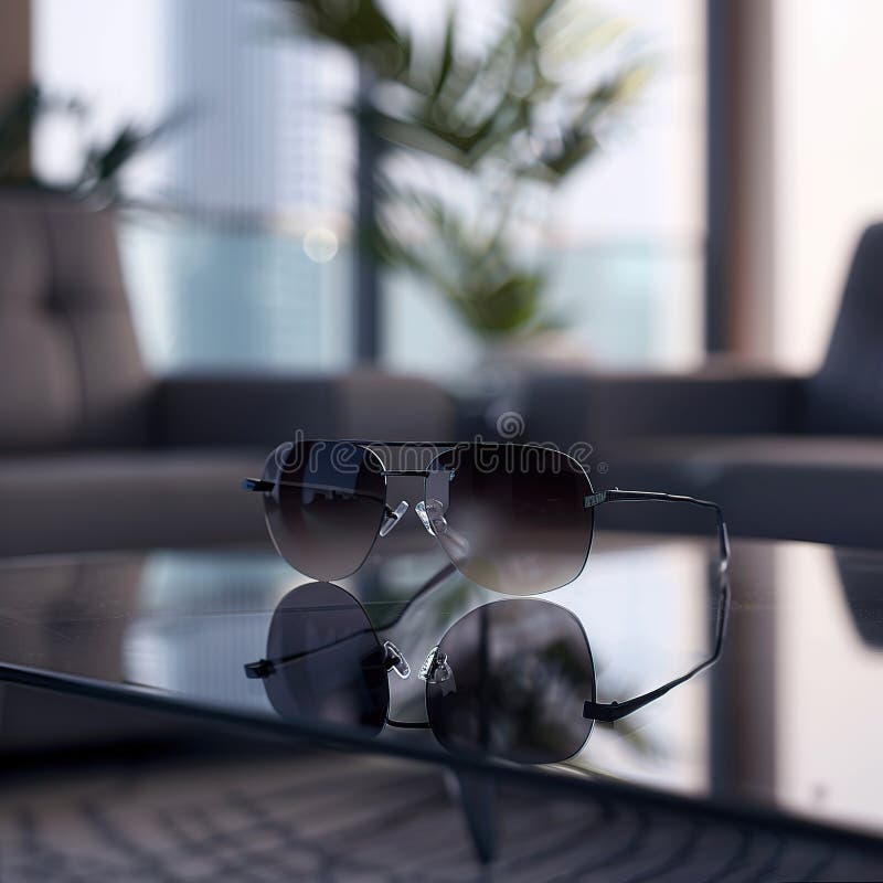 Sunglasses Resting on a Glass Table, Reflecting in the Surface Stock ...
