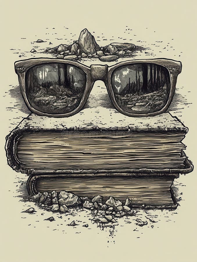 Sunglasses Resting on Stacked Books with Forest Reflection and Rocky ...