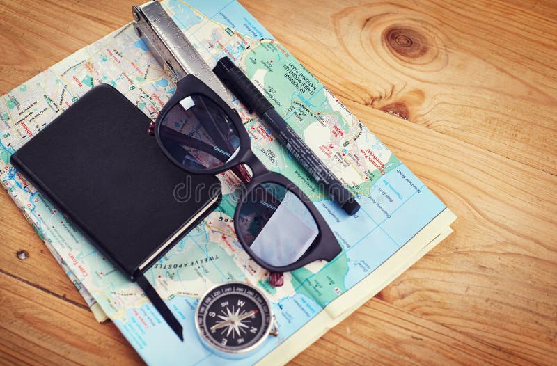 Sunglasses, Travel and Notebook with Compass on Map for Itinerary ...