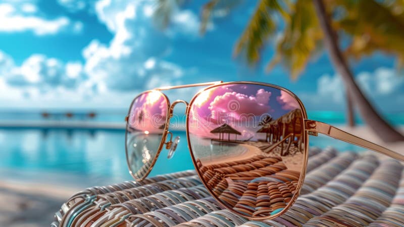 Sunglasses on a Woven Surface with Beach Reflection. Stock Photo ...