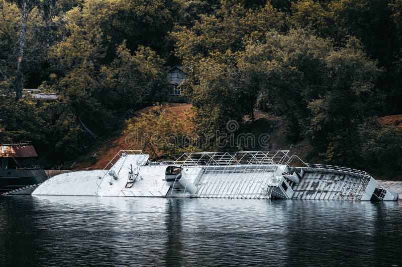 Sunked Ship in a River. Old Abandoned Wrecked Ship, Riverside Landscape ...