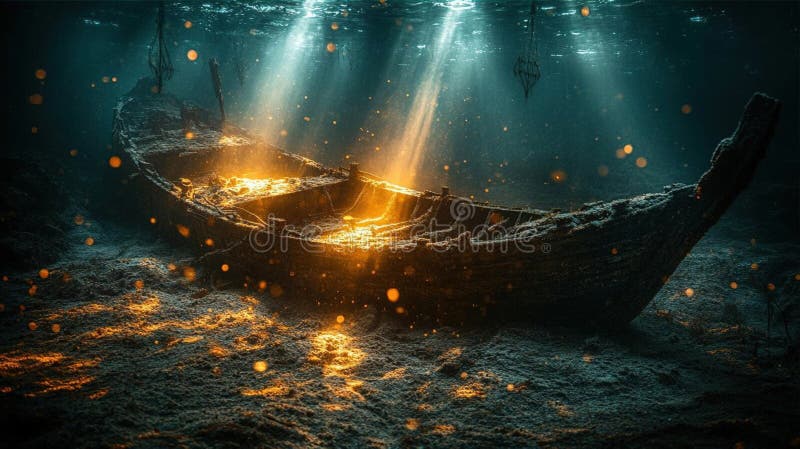 Sunken Boat in Dark Underwater Setting with Golden Light Beams Stock ...