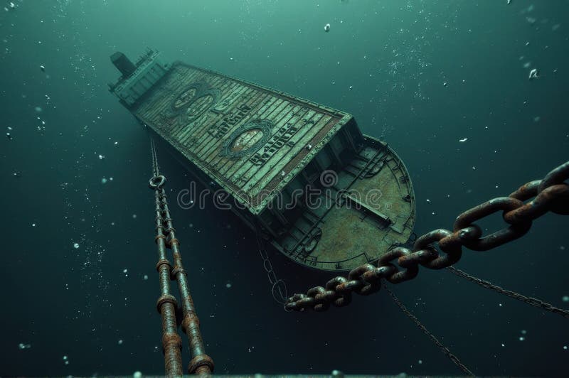 Sunken Cargo Ship in Deep Ocean with Rusty Chains Stock Photo - Image ...