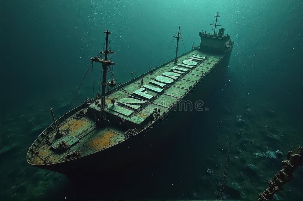 Sunken Cargo Ship in Deep Sea Waters with Visible Deck and Towering ...