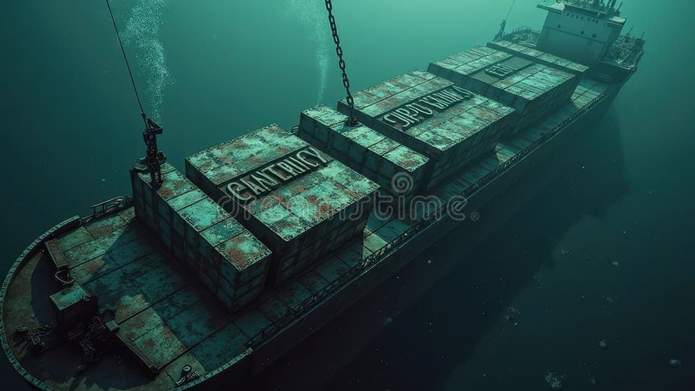 Sunken Cargo Ship Underwater Exploration with Rusty Containers Stock ...