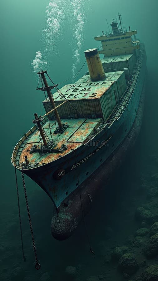 Sunken Cargo Ship Underwater Exploration with Visible Hull and Bubbles ...