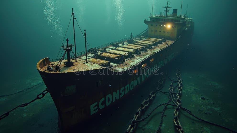 Sunken Cargo Ship Underwater with Rusted Chains in Deep Ocean Stock ...
