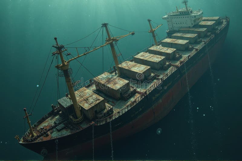 Sunken Cargo Ship Underwater Rusted Containers Deep Ocean Stock Photos ...