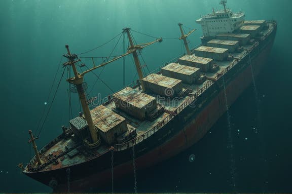 Sunken Cargo Ship Underwater with Rusted Containers in Deep Ocean Stock ...