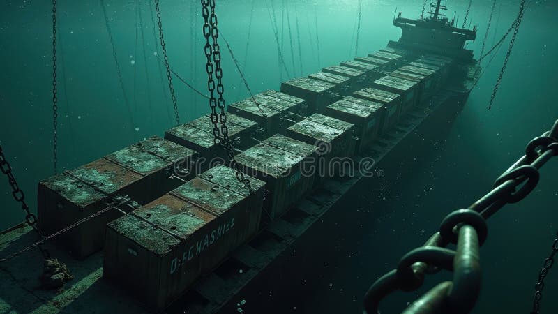 Sunken Cargo Ship Underwater with Rusting Containers and Chains Stock ...