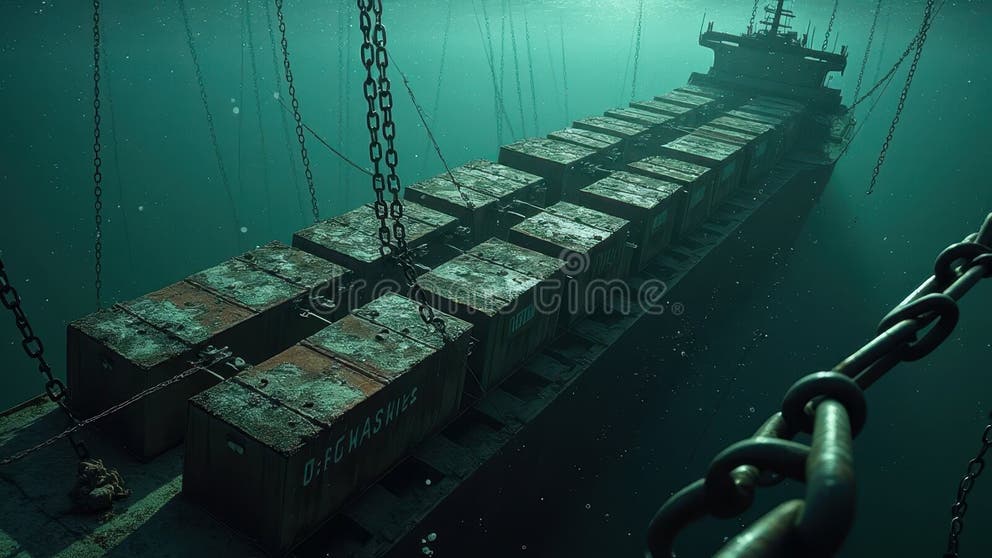 Sunken Cargo Ship Underwater with Rusting Containers and Chains Stock ...