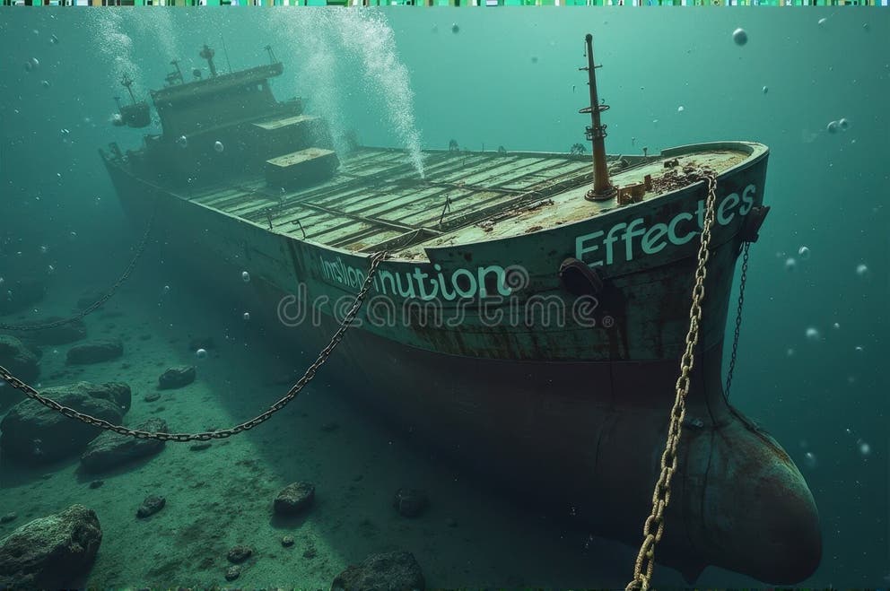 Sunken Cargo Ship in Underwater Scene Showcasing Marine Pollution and ...