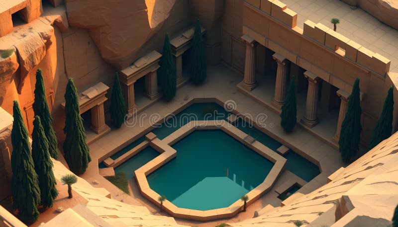 Sunken Oasis: Desert Temple and Reflecting Pool Stock Illustration ...