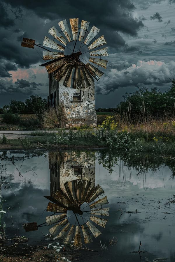 Sunken Old Windmill on the Shore of a Pond Stock Photo - Image of ...
