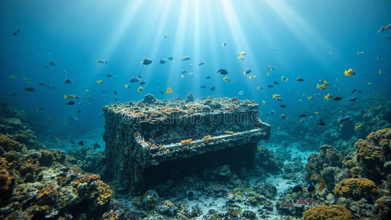 Sunken Piano Covered in Coral Surrounded by Colorful Fish Stock ...