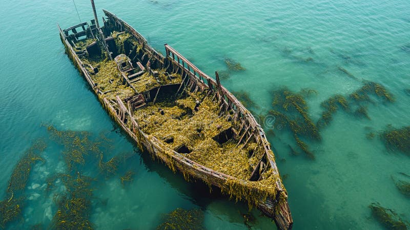 Sunken Pirate Ship Covered in Seaweed. Stock Image - Image of shipwreck ...