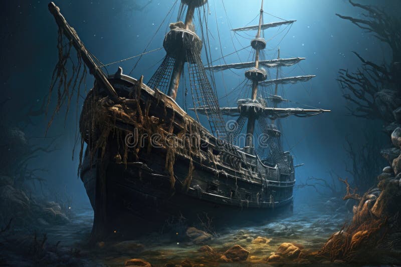 Sunken Pirate Ship in the Deep Blue Sea. 3d Rendering, Sunken Tall Ship ...