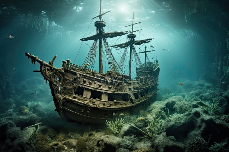 Sunken Pirate Ship in the Deep Sea. 3d Rendering, AI Generated Stock ...