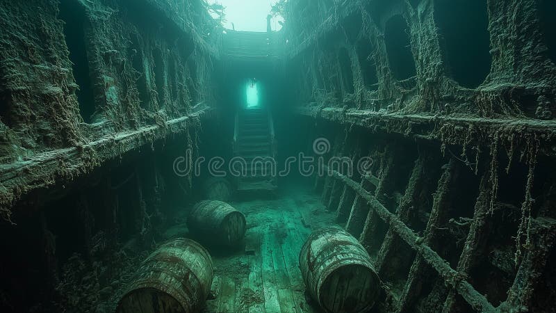 Sunken Pirate Ship Interior with Decayed Barrels and Eerie Light Stock ...