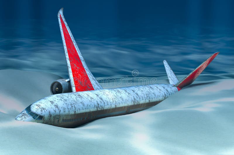 Sunken Plane. Aeroplane on Ocean Bottom Underwater. 3D Rendering Stock ...