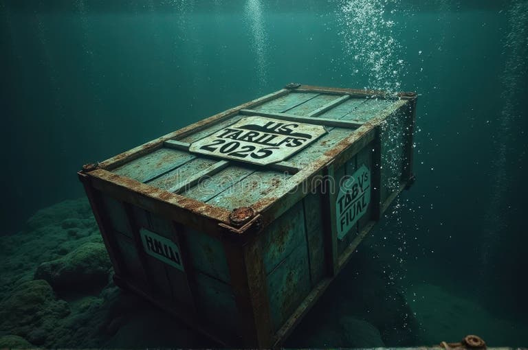 Sunken Rusty Cargo Crate Underwater with Bubbles in Green Ocean Depths ...