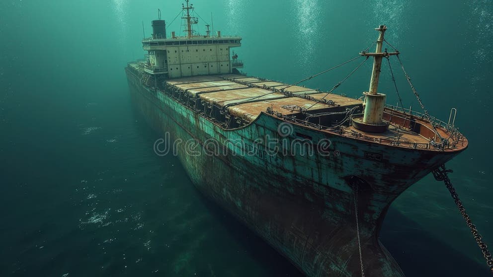 Sunken Rusty Cargo Ship Beneath Ocean Surface with Atmospheric Lighting ...