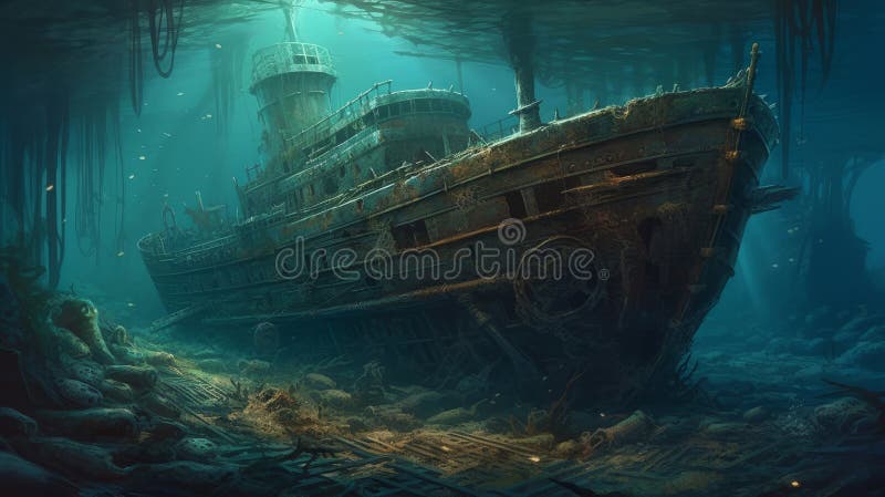 Sunken Ship at the Bottom of the Ocean. Generative AI Stock ...