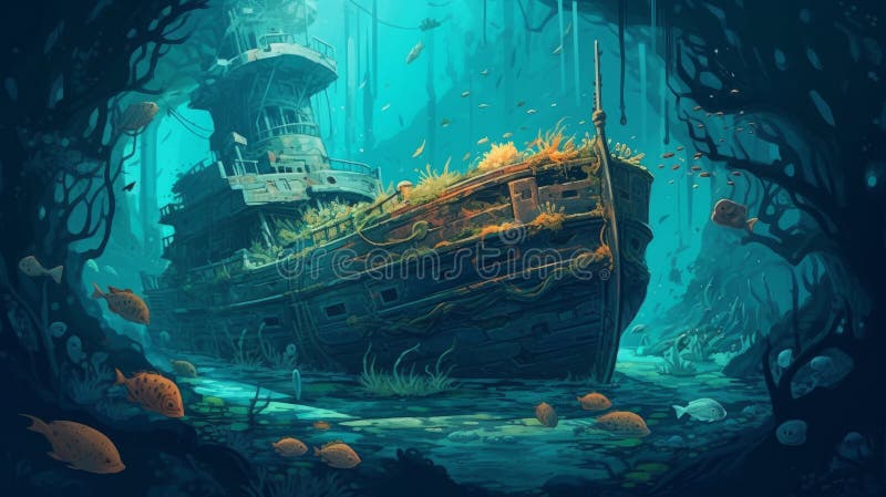Sunken Ship at the Bottom of the Ocean. Generative AI Stock ...