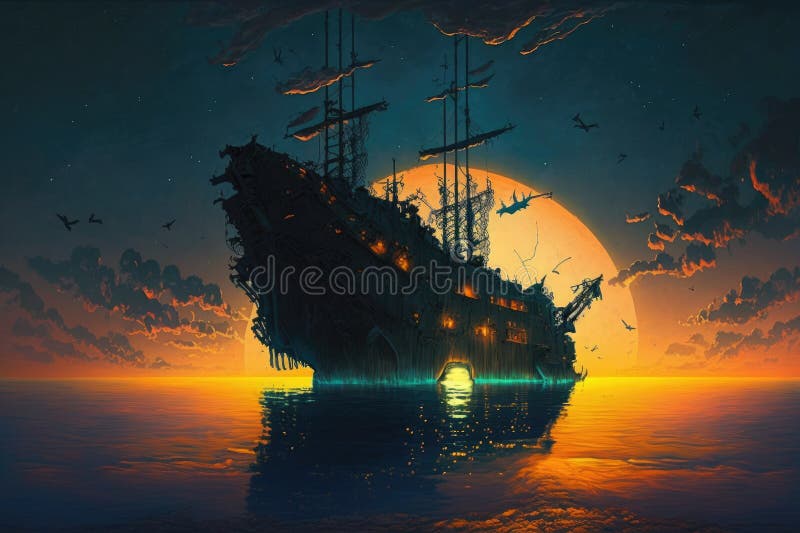 A Sunken Ship in the Middle of the Ocean Under a Golden Dusk Sky Stock ...