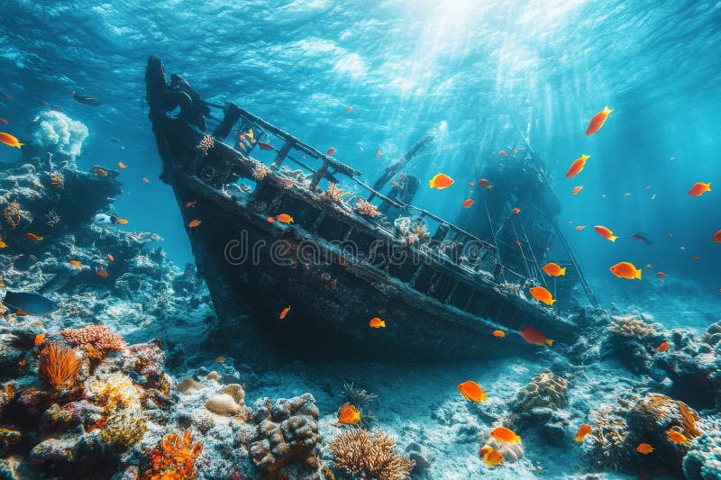 Sunken Ship on Ocean Floor Surrounded by Coral and Fish Stock ...