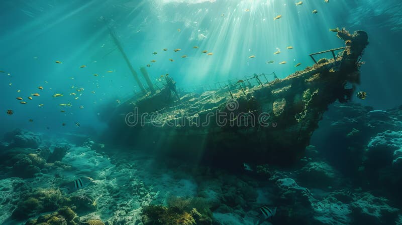 A Sunken Ship is Seen Under the Water Stock Photo - Image of aqua ...