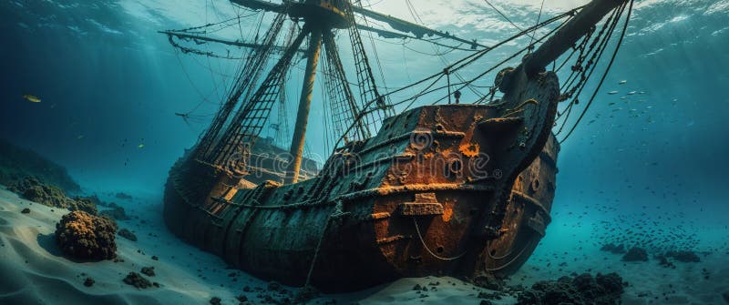 A Sunken Ship Sits at the Bottom of the Deep Ocean Stock Photo - Image ...