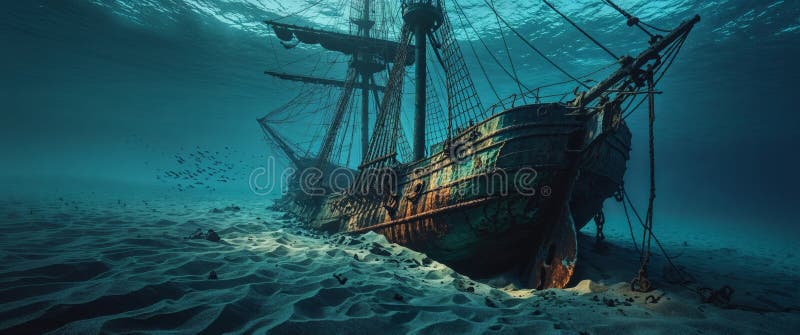 A Sunken Ship Sits at the Bottom of the Deep Ocean. Stock Image - Image ...