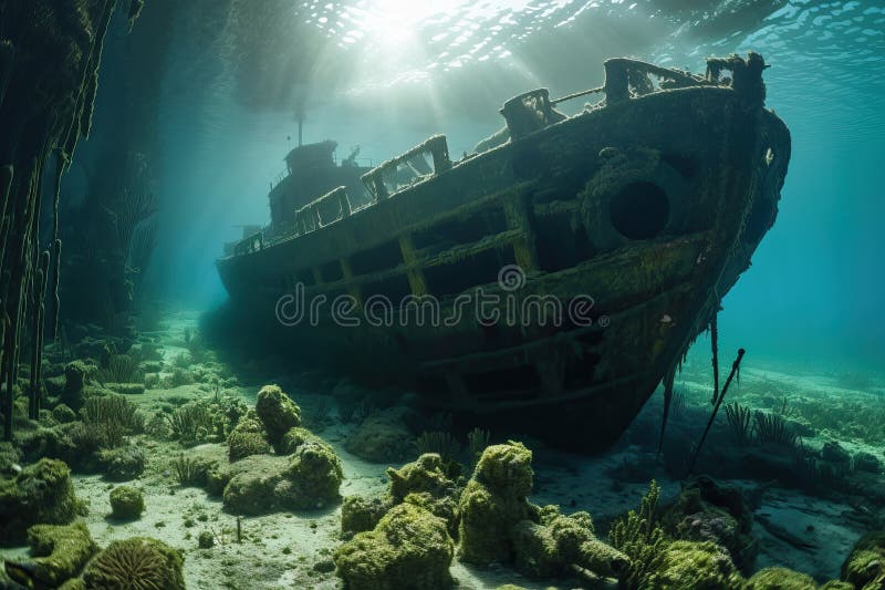 A Sunken Ship Under Water is Covered with Rust and Algae, Generative AI ...