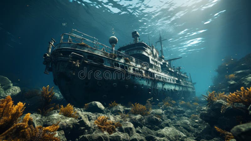 Sunken Ship Underwater. Generative AI. Stock Image - Image of ...