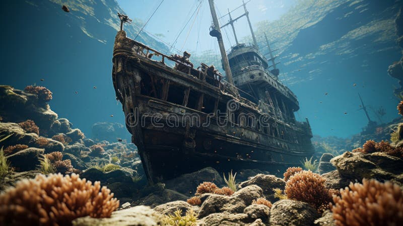 Sunken Ship Underwater. Generative AI. Stock Illustration ...