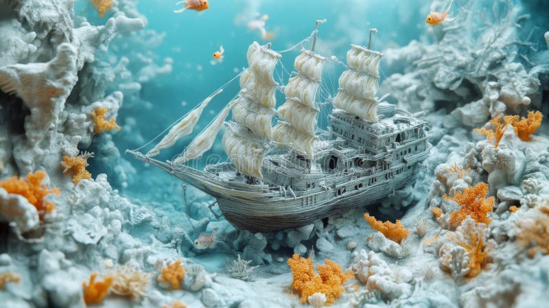 Sunken Ship in a Vibrant Coral Reef Stock Illustration - Illustration ...