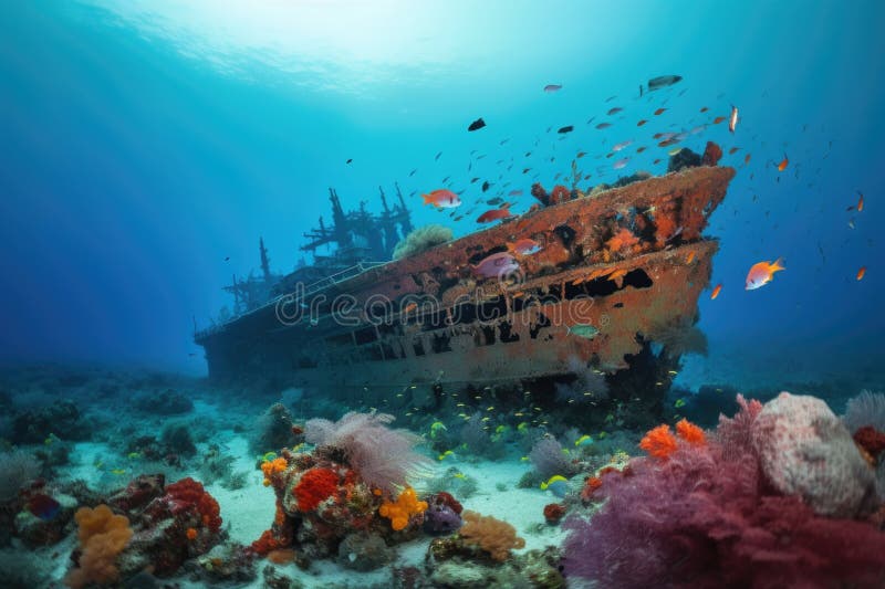 Sunken Ship in Vibrant Coral Reef with Schools of Tropical Fish Stock ...