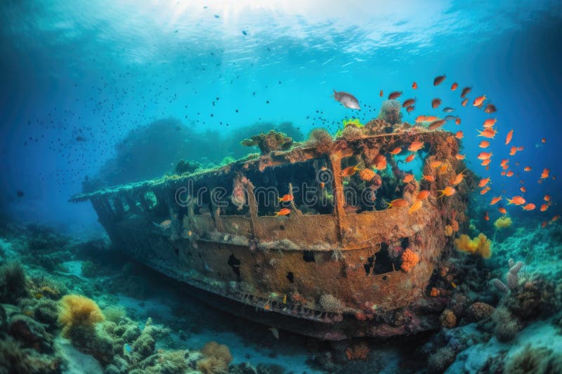 Sunken Ship in Vibrant Coral Reef with Schools of Tropical Fish Stock ...