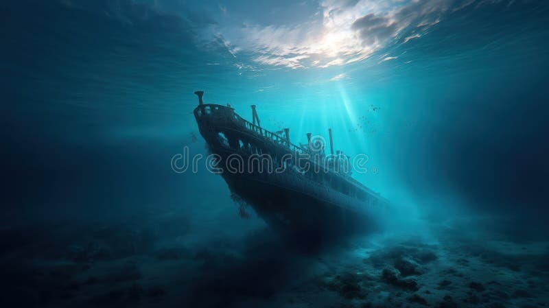 Sunken Shipwreck on Ocean Floor with Light Rays Above. Stock Photo ...