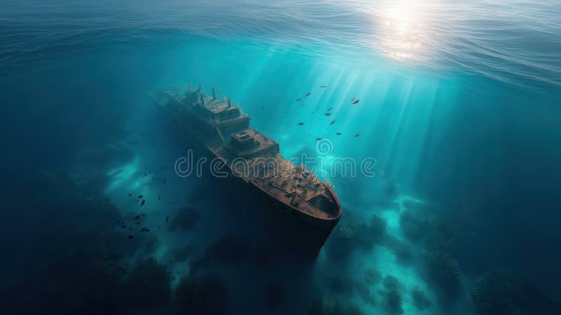 Sunken Shipwreck on Ocean Floor with Light Rays Above. Stock Image ...