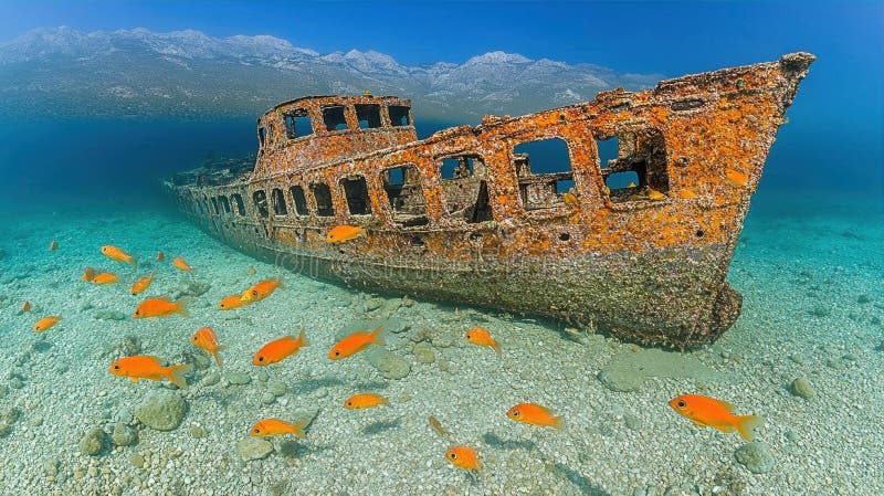 Sunken Shipwreck with Vivid Orange Fish in a Tranquil Underwater Scene ...