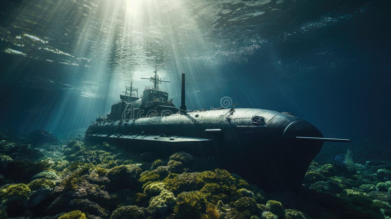 Sunken Submarine at the Bottom of the Ocean. Destroyed Submarine Under ...